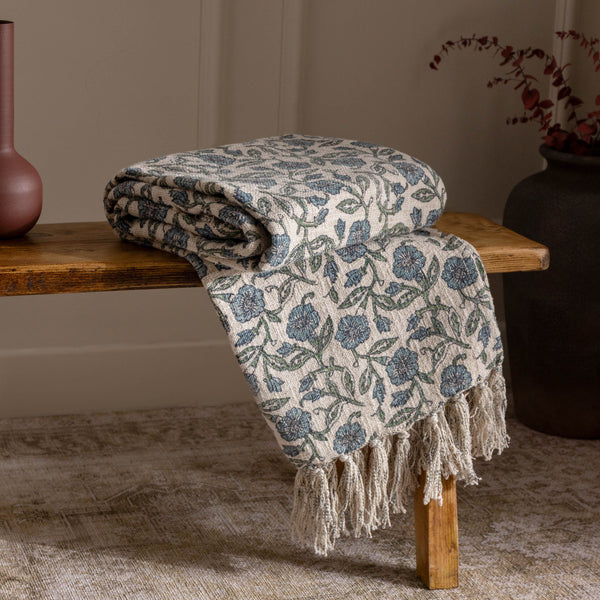 Delphine Blue Printed Cotton Throw | Delph Blue Throws | Paoletti ...
